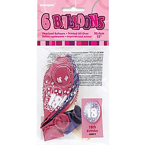 Unique Party 80872-12" Latex Glitz Pink 18th Birthday Balloons, Pack of 6