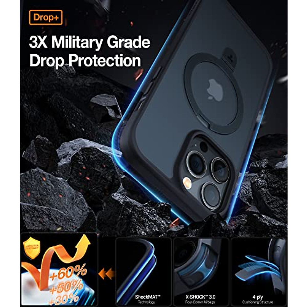 TORRAS Magnetic Shockproof for iPhone 13 Pro Case, [Compatible with MagSafe] with Stand, [MIL-Grade Drop Protection] Translucent Back Protective Yet Slim iPhone 13 Pro Phone Case, Black