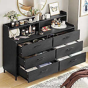 Hasuit 6 Drawers Double Dresser with Shelves, Large Wooden Storage Tower Organizer, Wide Chest of Drawers, Black Dresser for Bedroom, Living Room, Entryway