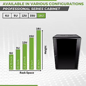 NavePoint 18U Server Rack Enclosure - 17.7” Deep, 18U Wall Mount Network Cabinet with Locking Glass Door for 19” IT Equipment, 18U Network Rack with 2 Fans, Removable Side Panels, Black