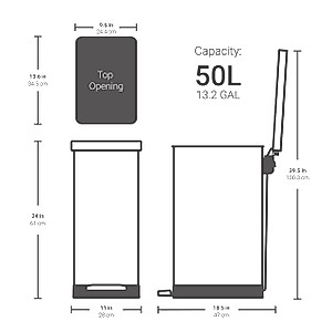 QUALIAZERO 50L/13Gal Heavy Duty Hands-Free Stainless Steel Commercial/Kitchen Step Trash Can, Fingerprint-Resistant Soft Close Lid, Slim Shape (50L Slim)