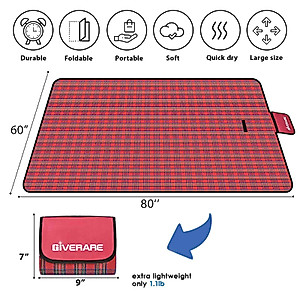 GIVERARE Picnic Beach Blanket, XL Sandfree Waterproof Outdoor Camping Blankets, Quick Drying Family Mat, Portable Extra Large Mats for Travel, Hiking, Music Festival, Lawn-Red