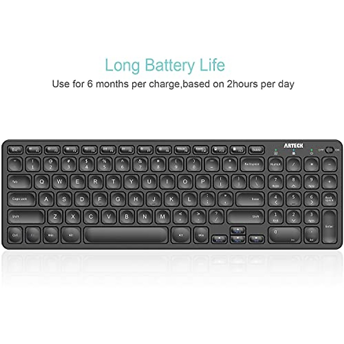 Arteck 2.4G Wireless Keyboard Ultra Slim Full Size Keyboard with Numeric Keypad and Media Hotkey for Computer/Desktop/PC/Laptop/Surface/Smart TV and Windows 10/8/ 7 Built-in Rechargeable Battery