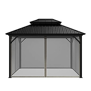 MONDAWE 10x12Ft Hardtop Gazebo with Netting Heavy Duty Permanent Gazebo Galvanized Steel Double Roof Pavilion Steel Frame Canopy Outdoor for Patio Lawn Garden
