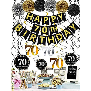 Famoby Black & Gold Glittery Happy 70th Birthday Banner,Poms,Sparkling 70 Hanging Swirls Kit for 70th Birthday Party 70th Anniversary Decorations Supplies