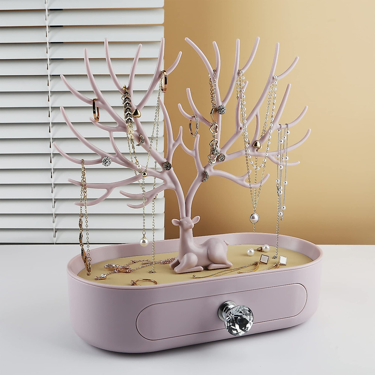 MORE&LESS Antlers Jewelry Display Stand with Drawer and Crystal Handle, Tree Tower Rack Hanging Organizer for Ring Earrings Necklace Bracelet