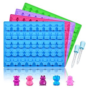 Silicone Candy Gummy Bear Molds - Chocolate Molds Including Bears, Frogs, Lions, Monkeys, Penguins Gummie Molds Premium Silicone BPA Free, Pack of 4 with 2 Droppers