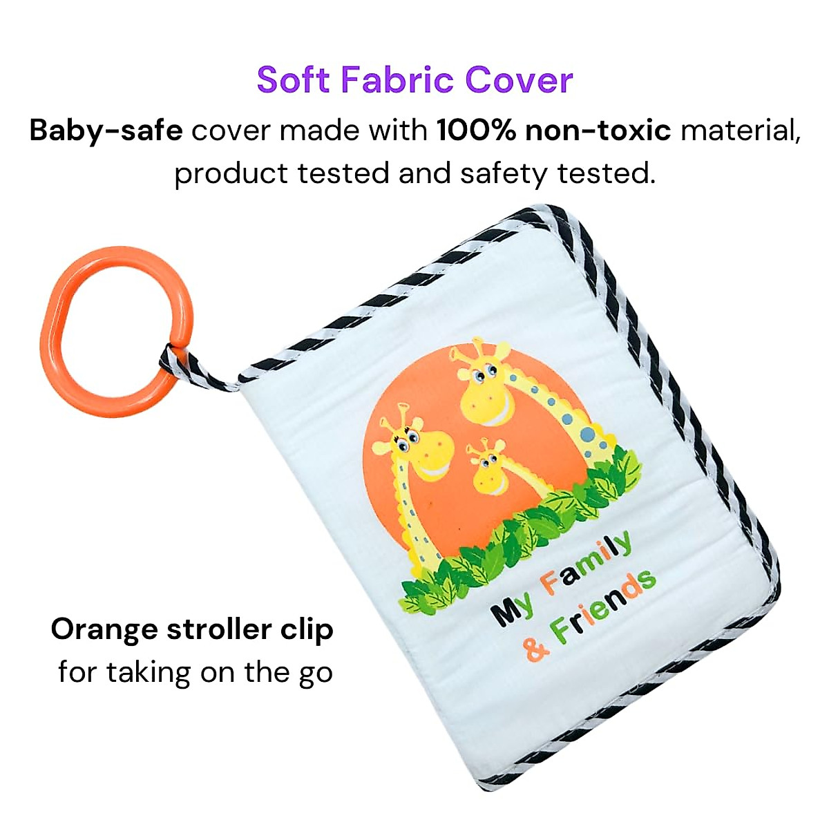 My First Photo Album for Baby with Adorable Giraffe Family, Soft Fabric Cover, Holds 15 Photos, Wipeable Pages, Baby Safe Mirror by Genius Baby Toys