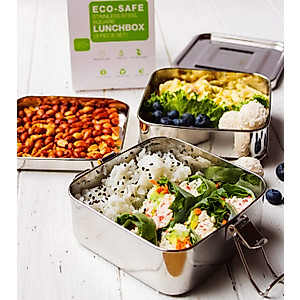 ecozoi Stainless Steel Lunch Box, 3-in-1 Eco Friendly Stackable Bento Box, Plastic Free Meal Prep Food Container, With Bonus Inner Tray, Square (1500 ml or 50 oz)
