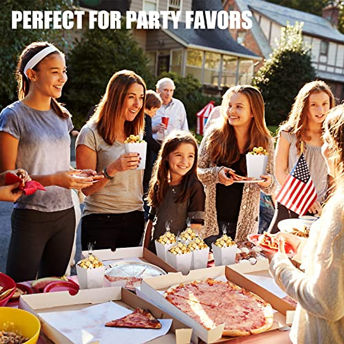 Mini White Popcorn Boxes and Clear Treat Bag Set- Bulk Open Top Paper Popcorn Containers with Treat Bags, Popcorn Candy Boxes for Movie Nights, Party Supplies, 3 x 4 inch (200 Pcs)