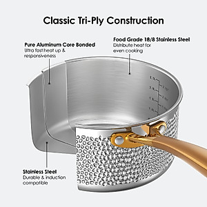 Homaz life 3-Quart Saucepan with Tempered Glass Lid, Tri-Ply Stainless Steel Cookware, Induction Ready, Compatible with All Cooktops, Dishwasher Safe, Non-Toxic, Gold-Colored Stay-Cool Handle