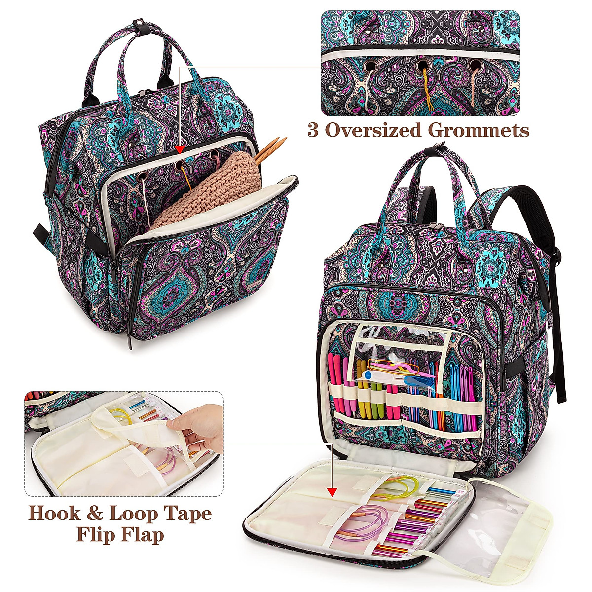 LoDrid Knitting Bag Backpack with Three Oversized Grommets, Travel Yarn Bag with Steel Frame Top, Crochet Organizer for Crochet Hooks, Knitting Needles, and Other Accessories, Totem, Bag Only