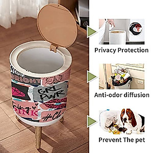 Small Trash Can with Lid for Bathroom Kitchen Office Diaper hand drawn fashion girls Colourful modern teenagers graffiti elements Bedroom Garbage Trash Bin Dog Proof Waste Basket Cute Decorative