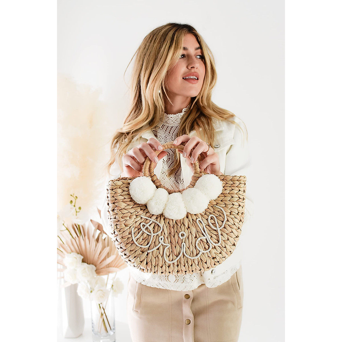 ModParty Bride Straw Purse | Honeymoon Bridal Shower Gift for Bride to Be | Handmade Summer Beach Tote Bag | Bride Bachelorette Party Outfit Essential | Straw Purse & Pom Poms