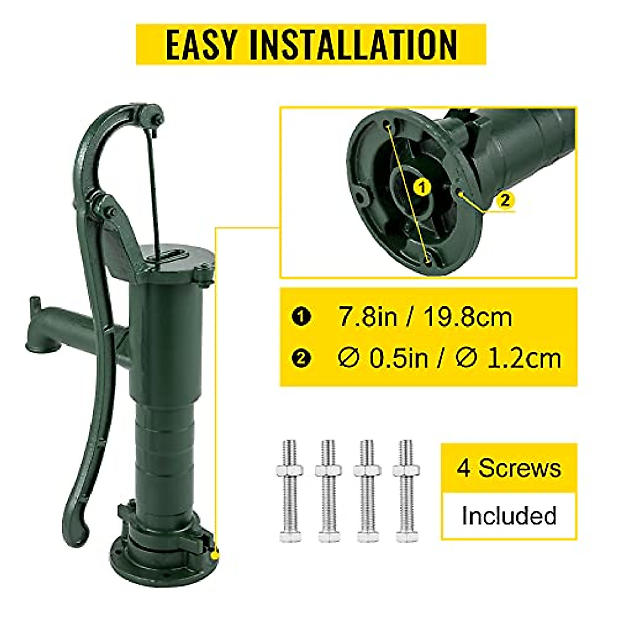 VEVOR Antique Hand Water Pump 14.6 x 5.9 x 26 inch Pitcher Pump w/Handle Cast Iron Well Pump w/ Pre-set 0.5" Holes for Easy Installation Old Fashion Pitcher Hand Pump for Home Yard Ponds Garden Green