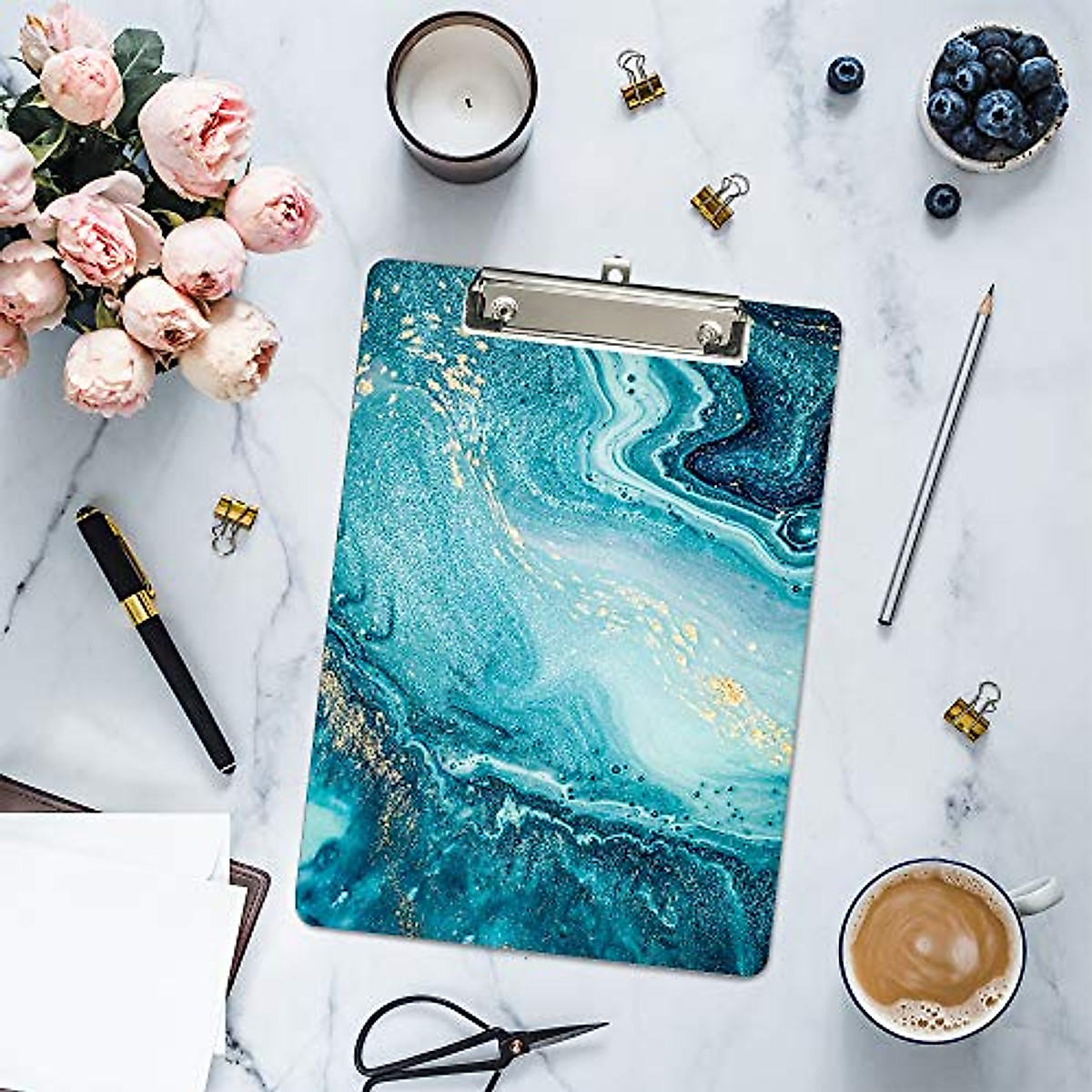 Hongri Plastic Clipboard, Standard A4 Letter Size Clip Board for Students, Teacher, Kids, Low Profile Clip, Decorative Clipboards, Cute Clip Boards Custom Pattern, School Supplies，Teal Marble