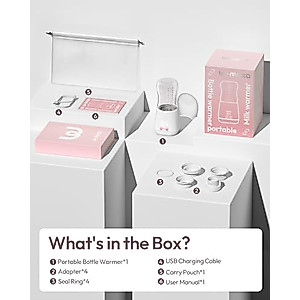 Portable Bottle Warmer, w-maxa Fast Baby Bottle Warmer for Travel with Glass Bottle & 4 Adapters, Rechargeable Bottle Warmer On The Go with Precise Temperature Control for Breastmilk, Formula