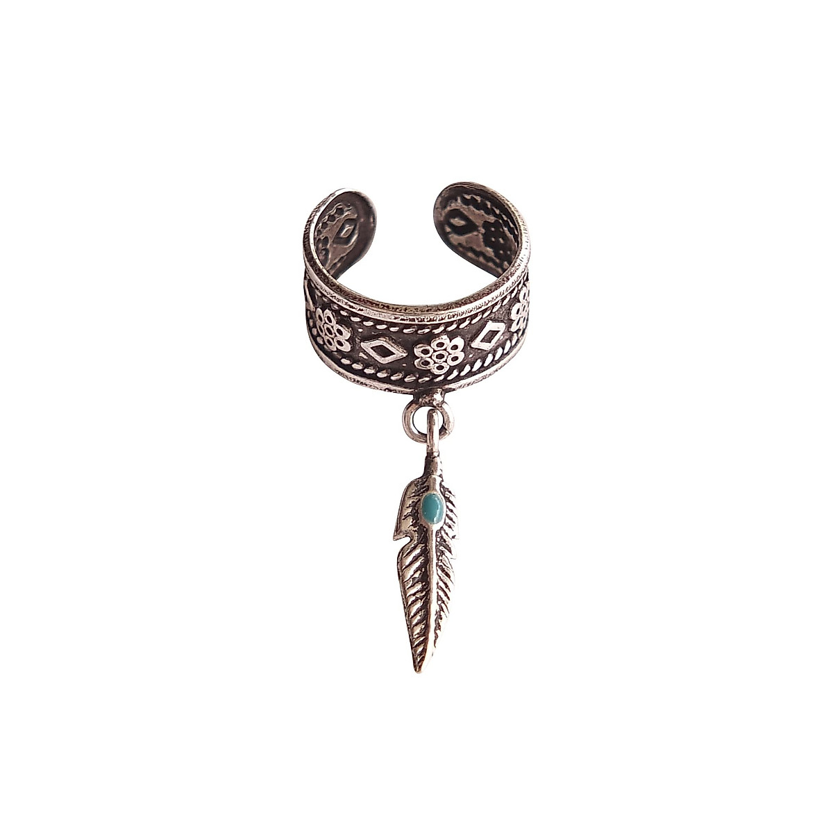 925 Sterling Silver SINGLE - For ONE Ear - Triple/Wide Band Feather Stone Ear Cuff for Non-Pierced Ear for Women | Handmade by MiYa Jewelry Creations (Wide Band and Feather)