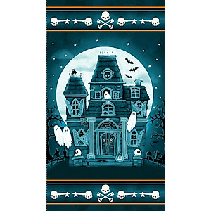 Henry Glass Welcome Foolish Mortals 24.5" Haunted House Panel Glow in The Dark Dark Teal, Fabric by The Panel