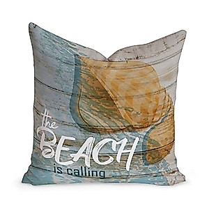 WoGuangis The Beach is Calling Shell Throw Pillow Cushion with Zippe Ocean Decor Throw Pillows Conch Rustic Pillow Sham for Bedroom Sofa Couch White Linen 16x16in Farmhouse Home Pillow Birthday Gift