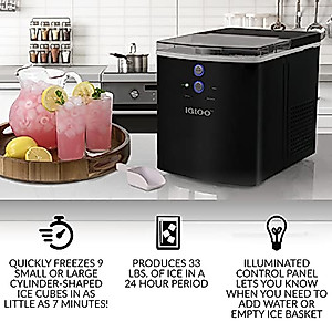 Igloo Large-Capacity Automatic Portable Electric Countertop Ice Maker Machine, 33 Pounds in 24 Hours, 9 Ice Cubes Ready in 7 Minutes, with Ice Scoop and Basket, Illuminated LED Lights