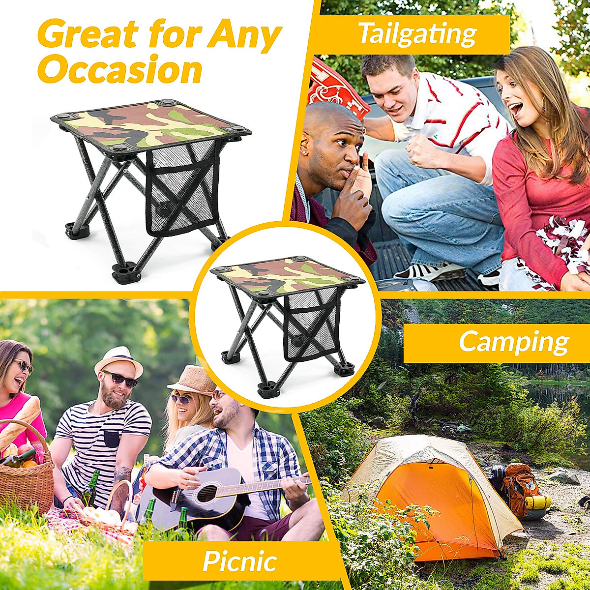 Outrav Camping Stool - Outdoor Travel Folding Small Chair - Portable Stool for Camping, Fishing, Hiking, Gardening, & Beach - Heavy Duty, Lightweight Easy to Carry Camping Seat with Carry Bag (Camo)