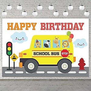 Yellow School Bus Happy Birthday Banner Backdrop Background Photo Booth Props Back to School Wheels on the Bus Theme Decor for First Day of School Welcome Party 1st Birthday Party Favors Decorations