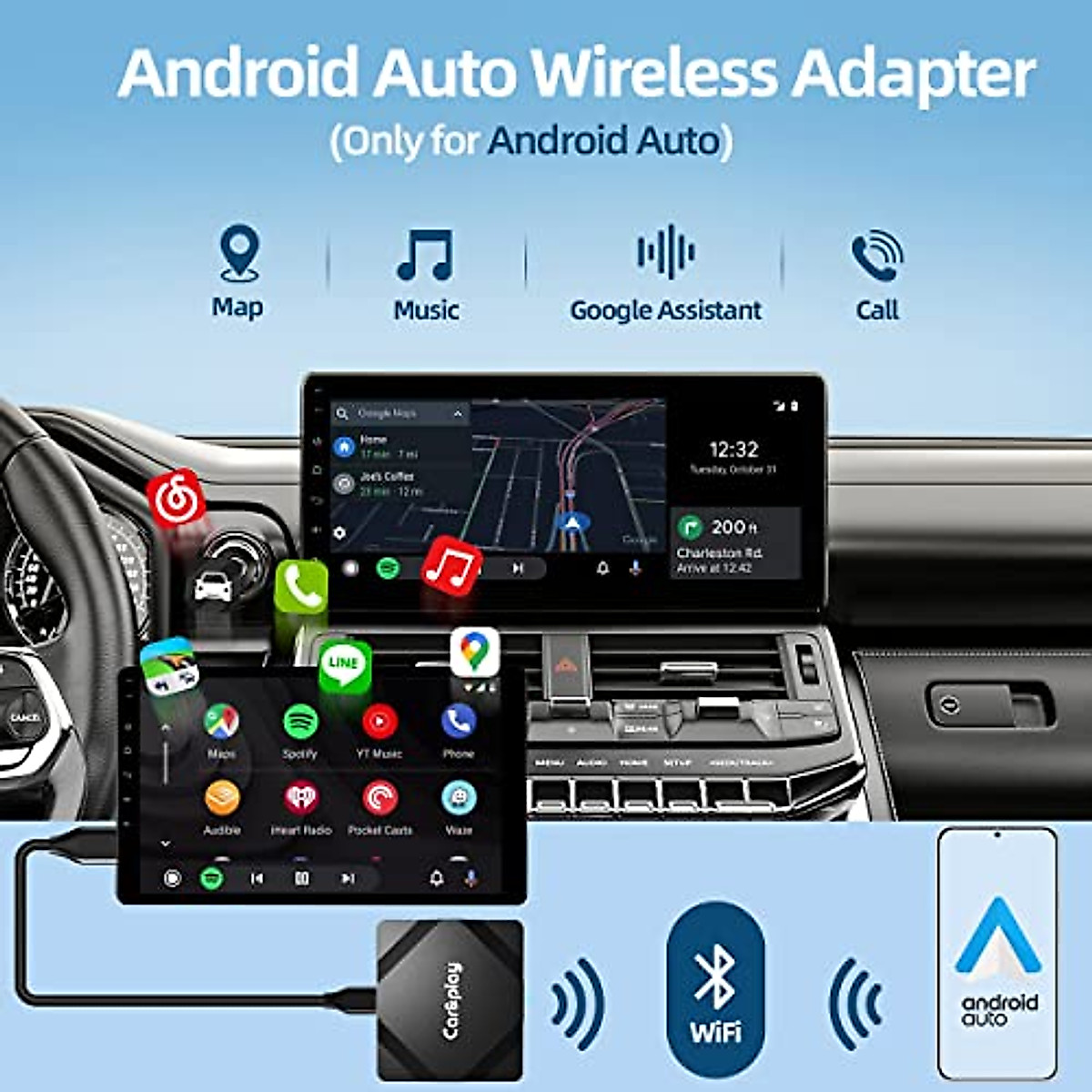 Geohyecc 2023 Newest Wireless Android Auto Adapter for OEM Factory Wired Android Auto to Wireless,Android Auto Dongle for Android Phones,5G Chip&5.8 GHZ WiFi,Plug&Play,Online Update