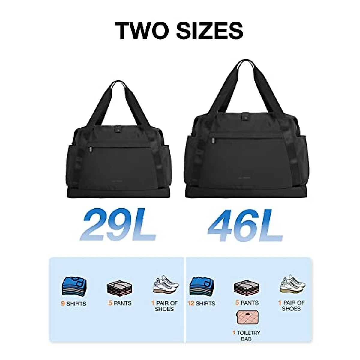 Foldable Duffle Bag, BAGSMART 29L Tote Travel Bag Gym Sports Bag for Women, Carry On Luggage Weekender Overnight Bag for Travel Essentials(Black)