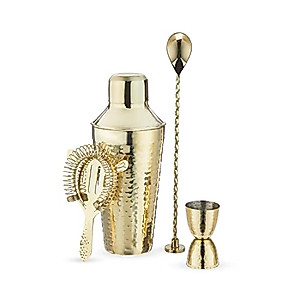 Twine Gold Hammered Barware Set, Stainless Steel Shaker, Jigger, Muddler, Bar Spoon, Hawthorne Strainer, Gold, Set of 4