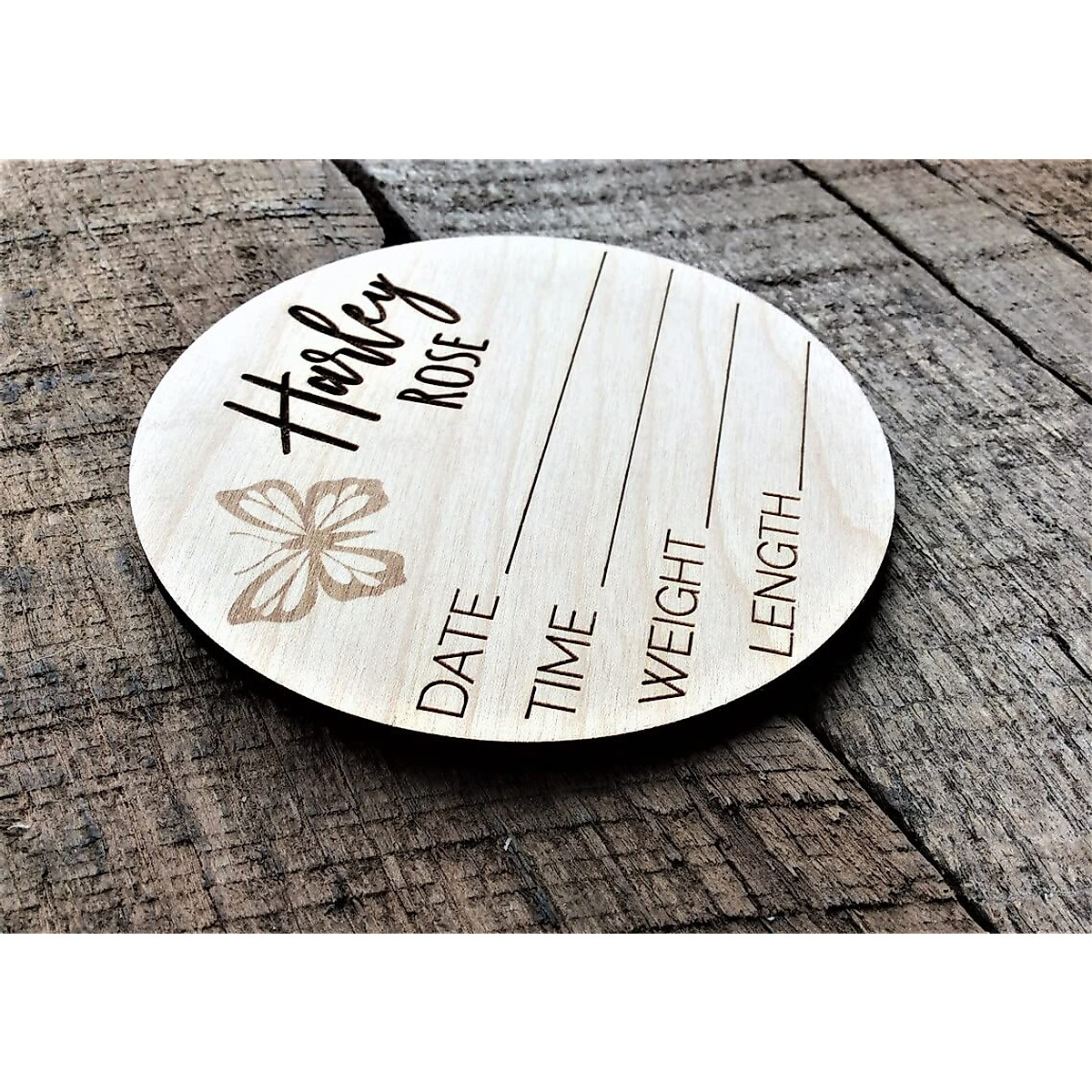 Personalized Wood Baby Name Announcement Sign, Newborn Birth Stats Photo Prop Sign, Butterfly Nursery Name Plaque (8 inches)