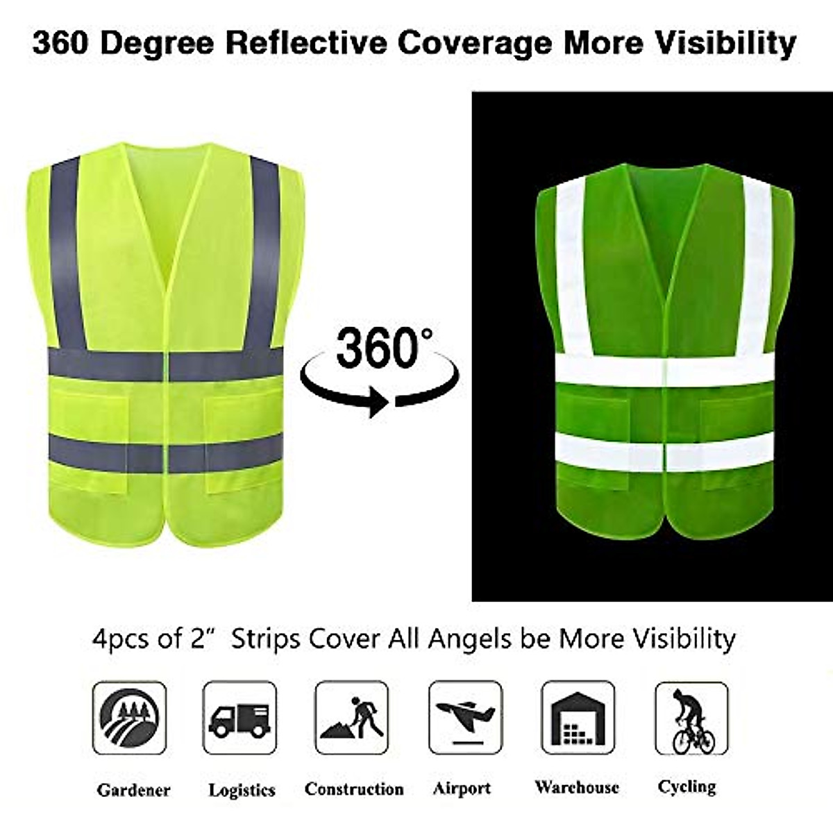 JSungo High Visibility Safety Vest 10 Pack, Yellow Reflective Vest with 2 Inch Hi vis Silver Strip, Construction Vest for Men & Women, Universal Size