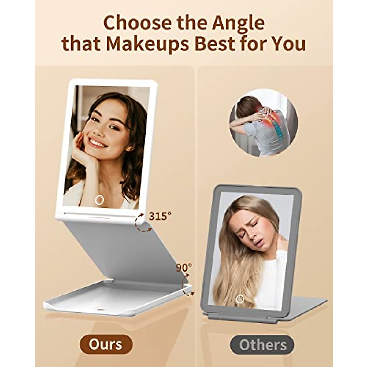 Jack & Rose Travel Makeup Mirror with Magnification, Travel Mirror with Light, Adjustable Height and Angle, Portable Folding Mirror