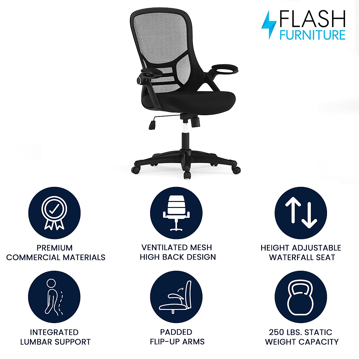 Flash Furniture High Back Black Mesh Ergonomic Swivel Office Chair with Black Frame and Flip-up Arms