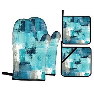 Turquoise Grey Oven Mitts and Pot Holders Sets of 4 Modern Teal Abstract Art Oven Gloves for Kitchen Baking Cooking Grilling (Turquoise)