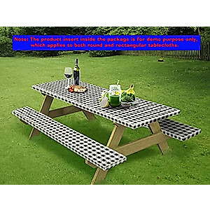 wagude Rectangle Vinyl Camping Picnic Table Cover + Benches 3-pc Set,30x72'' (6-FT) Flannel Backing Elastic Waterproof Wipeable Black/White Checkered Plastic Tablecloth for Indoor Outdoor Patio Park