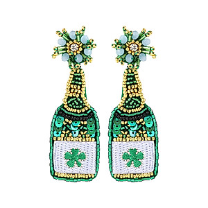 St. Patrick's Day Earrings Green Wine Bottle Beaded Earrings for Women Handmade Shamrock Lucky Drop Dangle Earrings Valentine Gift Irish Holiday Jewelry Gift
