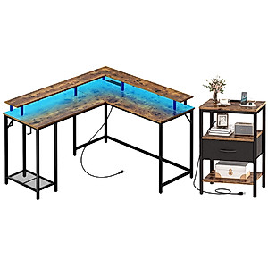 SUPERJARE L Shaped Gaming Desk with Power Outlets & LED Lights and Nightstand with Charging Station