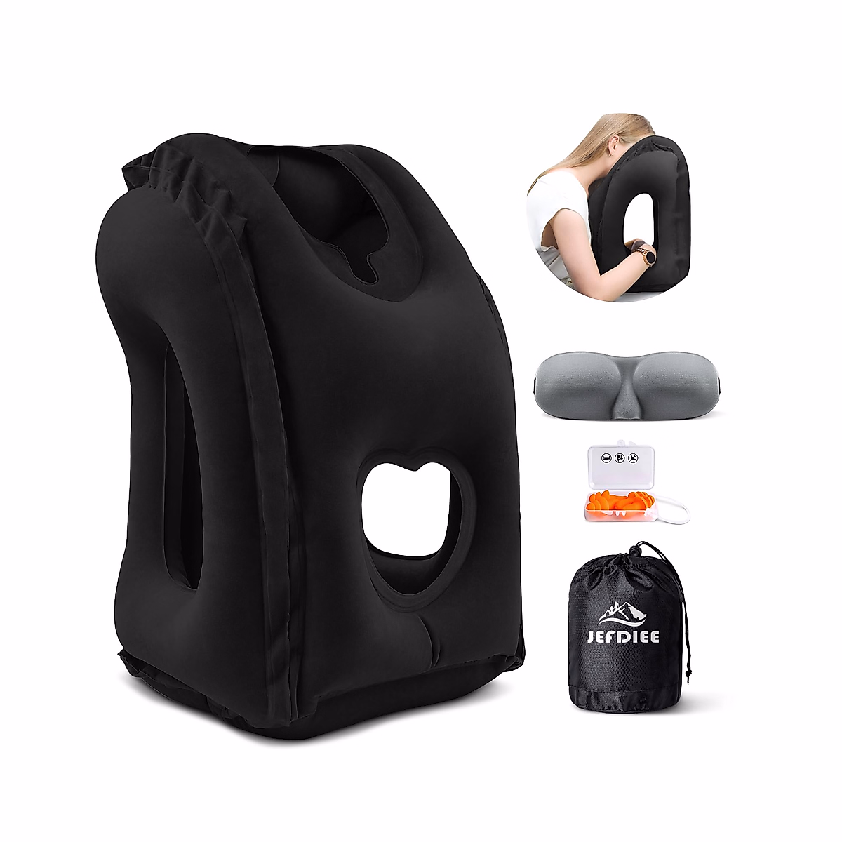 JefDiee Inflatable Travel Pillow, Airplane Neck Pillow Comfortably Supports Head and Chin for Airplanes, Trains, Cars and Office Napping with 3D Eye Mask, Earplugs and Portable Drawstring Bag (Black)