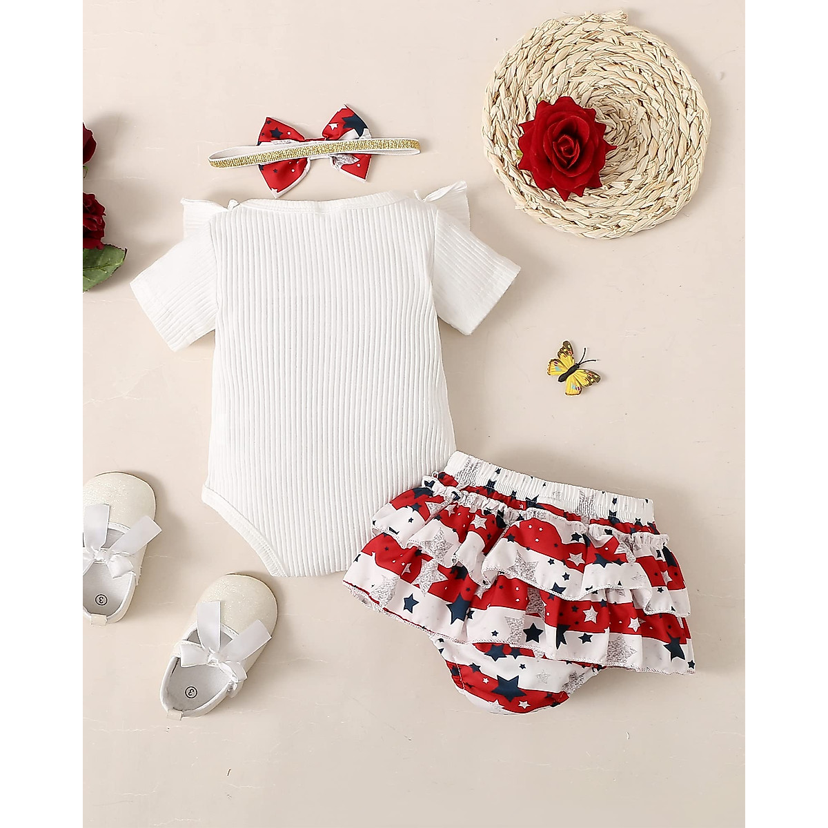 DISAUR Baby 4th Of July Girl Outfits Newborn Baby Girl Clothes Infant Independence Day Ruffle Short Sleeve Top +Stars Stripes Shorts + Cute Headband 3PCS Clothing Set