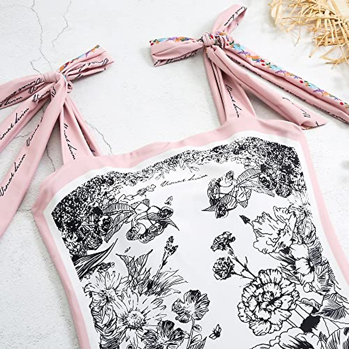 Women Floral One Piece Swimsuits, Reversible Tie Shoulder Monokini, Tummy Control Bathing Suits, Square Neck Swimwear Pink