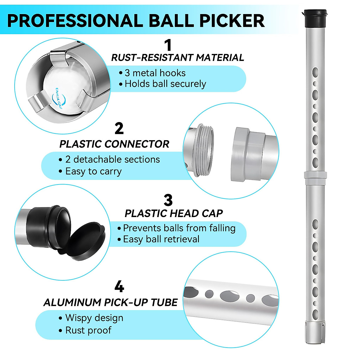 mayqmay 33.9 Inch Golf Ball Retrievers, Aluminium Tube Golf Ball Picker, Durable & Detachable Golf Ball Collector for Water and Bushes, Silver