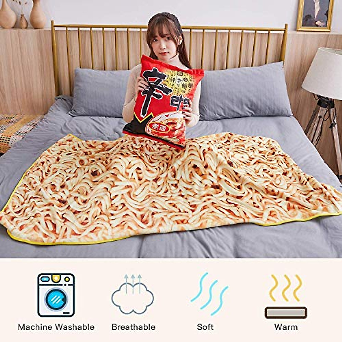 Soft Blanket Throw Kawaii Pillow Simulation Instant Noodles Shape Pillow Funny Realistic Food Round Blanket Throw Blanket for Adults&Kids