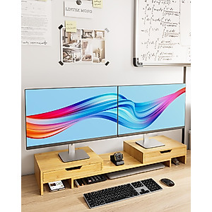 Epesoware Monitor Stand with 2 Drawers for Desk, Bamboo Dual Monitor Riser, Desk Organizer, Monitor Shelf for Computer Laptop Printer, No Assembly Required, Natural