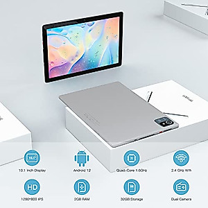 10 inch Android Tablet,Android 12 Tablet,2GB RAM 32GB ROM, Android Tablet with Dual Camera,1280 * 800 IPS HD Display,5000mAh Battery,Bluetooth,Touch Screen WiFi Tablets (Silver)