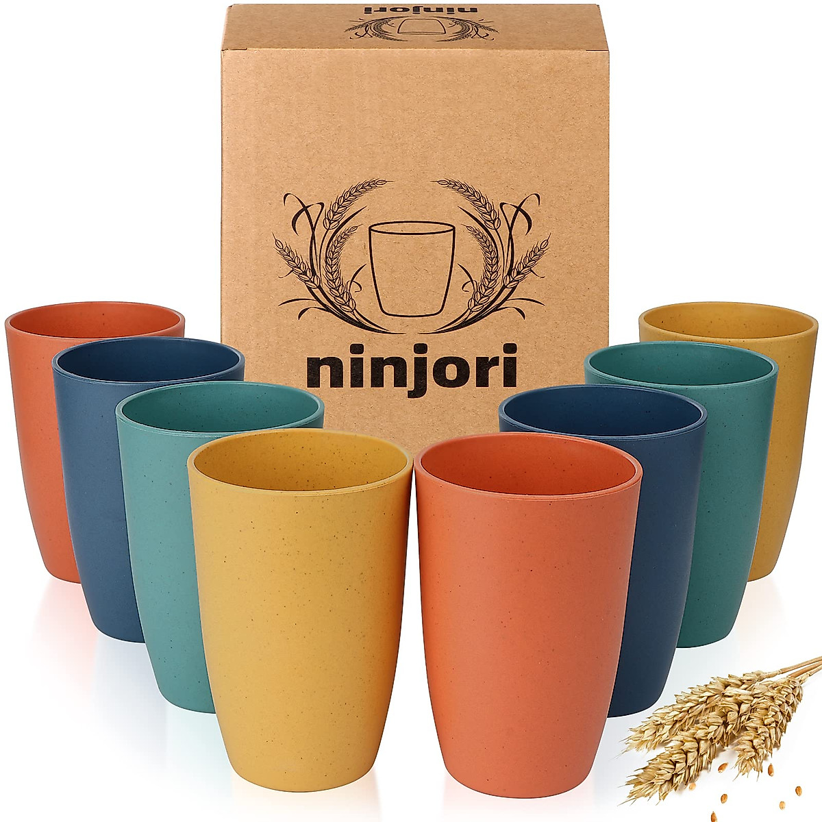 ninjori Wheat Straw Cups,8 PCS Plastic Cups 12 oz Unbreakable Drinking Cup, Reusable Dishwasher Safe Water Glasses with 4 Colors for Drinking Water Juice Milk Soda Coffee