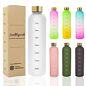 Healthywish Water Bottle Tracker, 1 Liter | 32 Oz, Gold Lid, Motivational, Leak Proof, BPA Free, Cycling