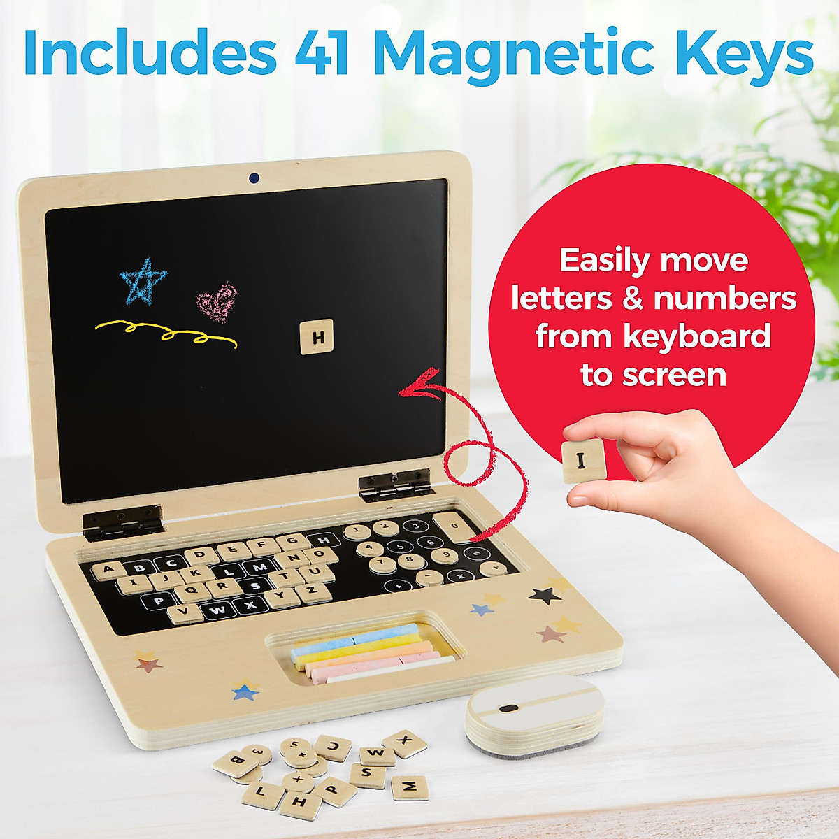 Wooden Computer Pretend Play Set - Pretend Laptop Toy for Kids, Toddlers - Montessori Learning Board for Kids (Ages 2-8) - 41 Magnetic Keys, Chalk Box, Portable Drawing & Writing Board | 11.5 x 8.5