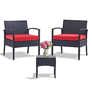 Outdoor Chairs Set Bistro Set 3 Pieces Patio Conversation Set Furniture Set for Small Balcony Rattan Chairs and Table with Cushions Red