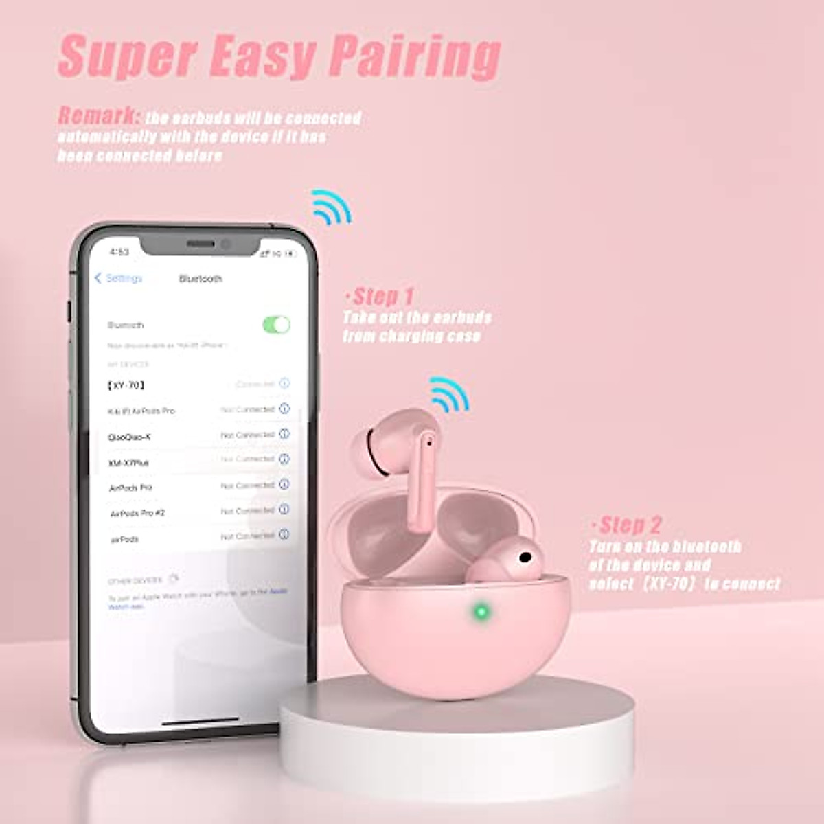 Wireless Earbuds Bluetooth in-Ear Headphones with 4 Microphones ENC Noise Cancelling Clear Calls Wireless Ear Buds 30H Playback IPX5 Waterproof Sports Stereo Earphones for iPhone Android (Rose Gold)